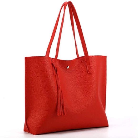 Bags | Bright Red Tote Pebbled Pu Bag | Poshmark